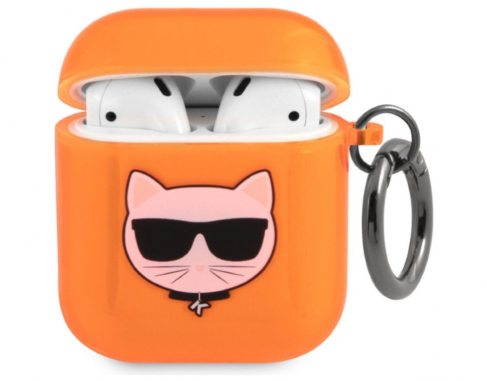 Чехол Karl Lagerfeld TPU FLUO with ring Choupette для AirPods 1/2, Оранжевый