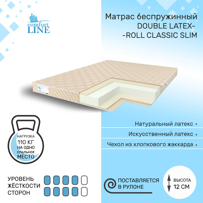 Матрас беспружинный Comfort Line Double Latex Roll Classic Slim 75х195, высота 12 см