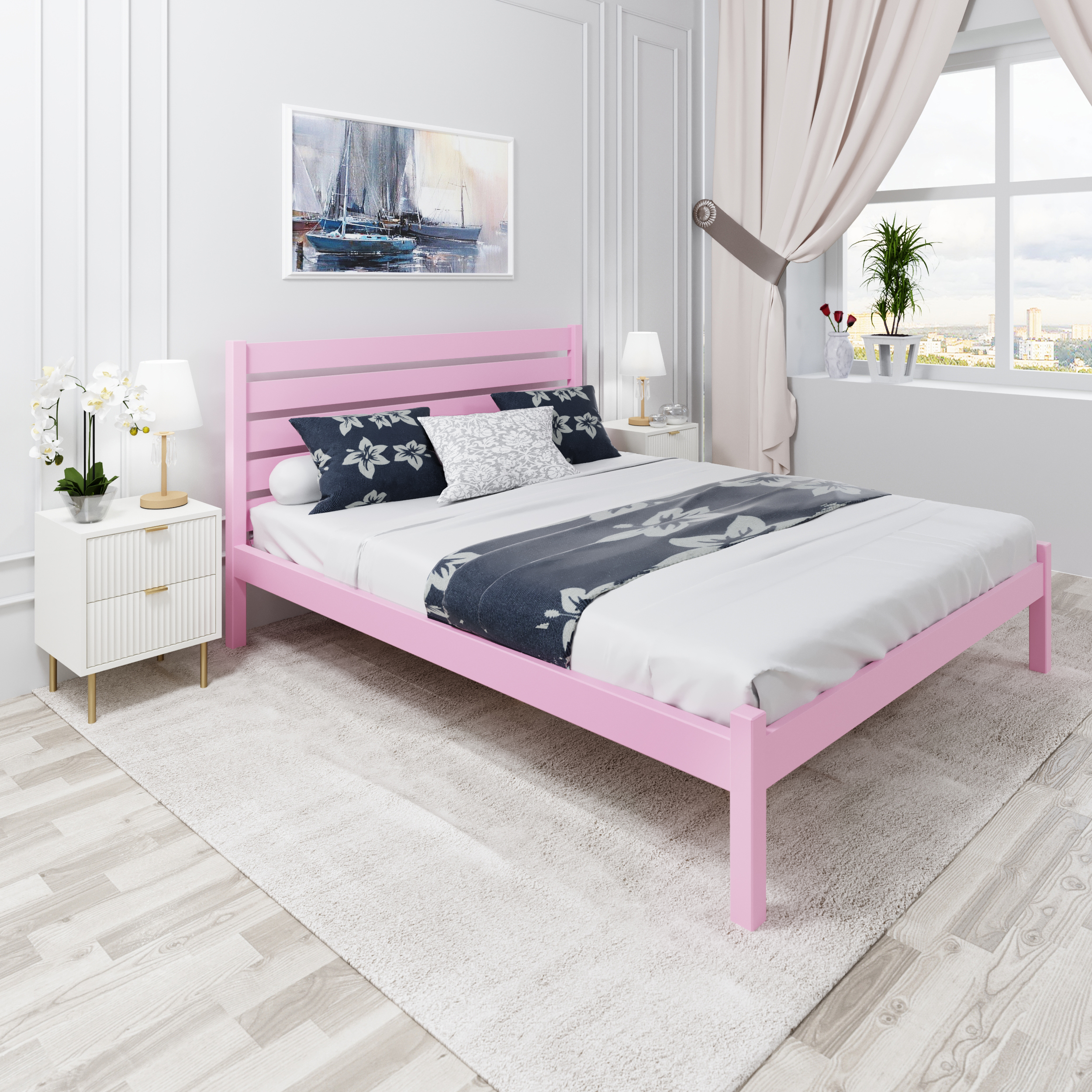Кровать Solarius Классика высокая спинка сплошное основание 200х140, цвет розовый