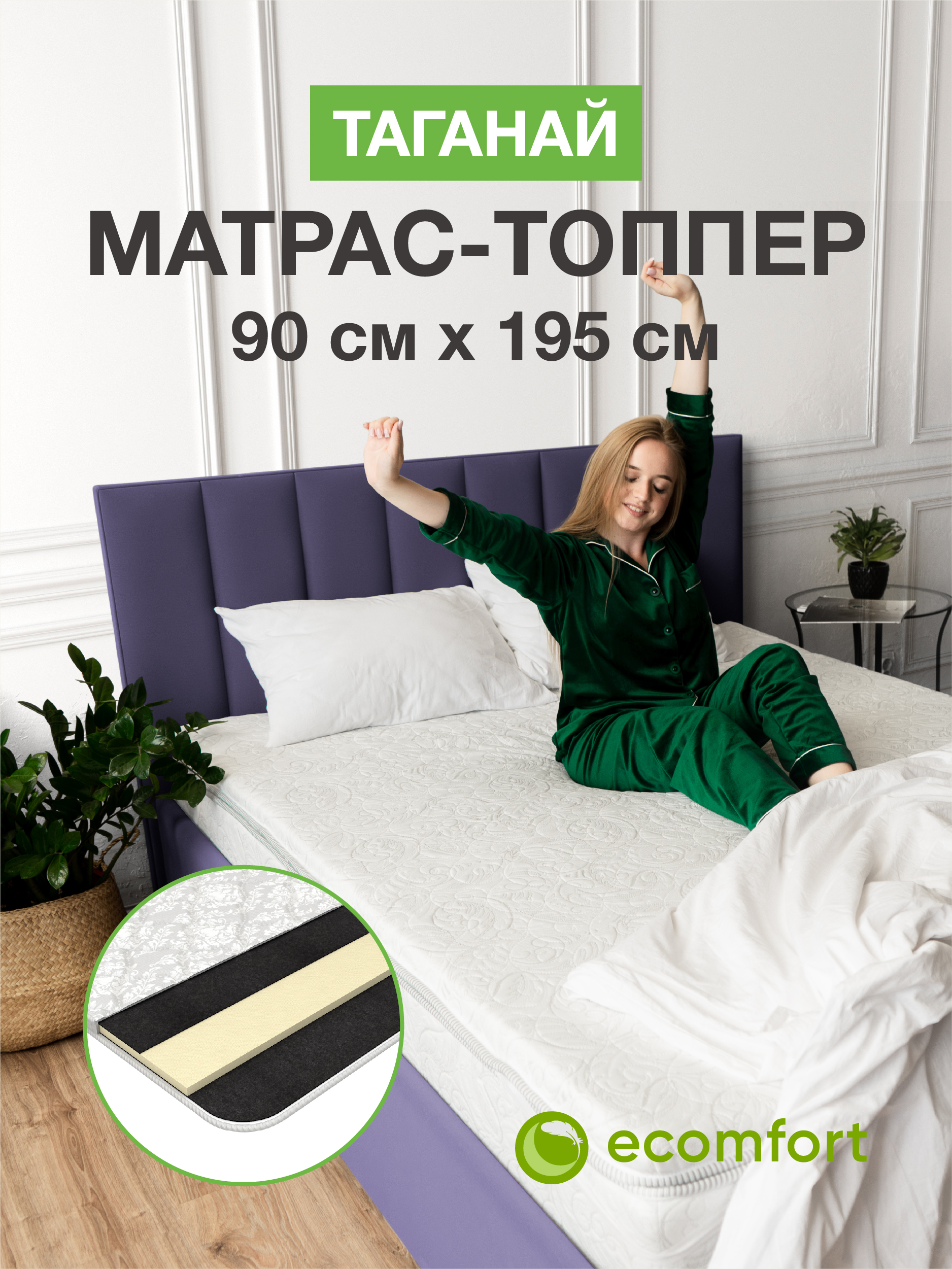 Топпер на диван Ecomfort Таганай на резинке, 90х195 см