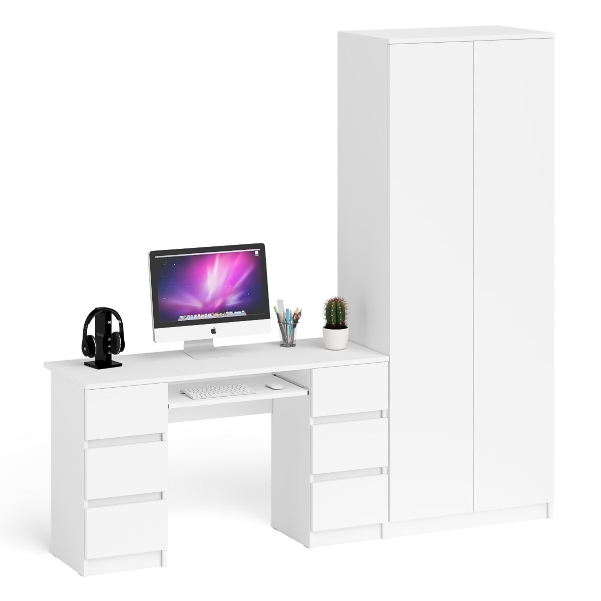 Стол компьютерный СВК Мори МС-2 с двухдверным шкафом белый, 215,8х50х210 см