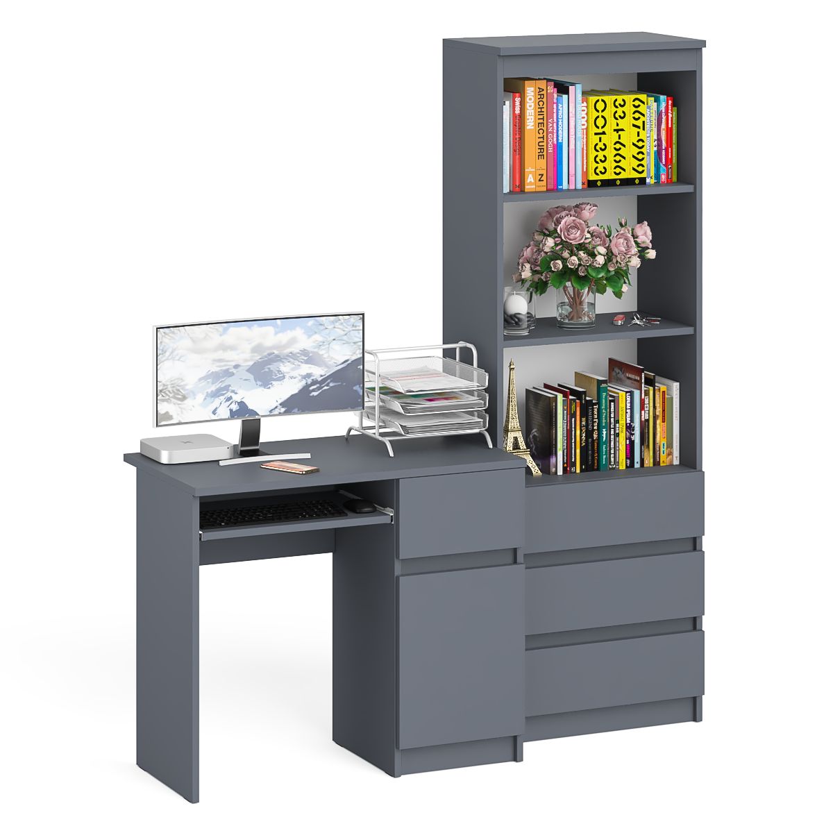 Компьютерный стол СВК Мори МС-1 правый со стеллажом графит, 150х50х179,6 см