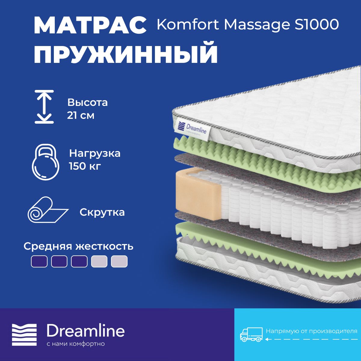 Матрас Dreamline Komfort Massage S-1000 (х/б жаккард) независимые пружины 150x190 см