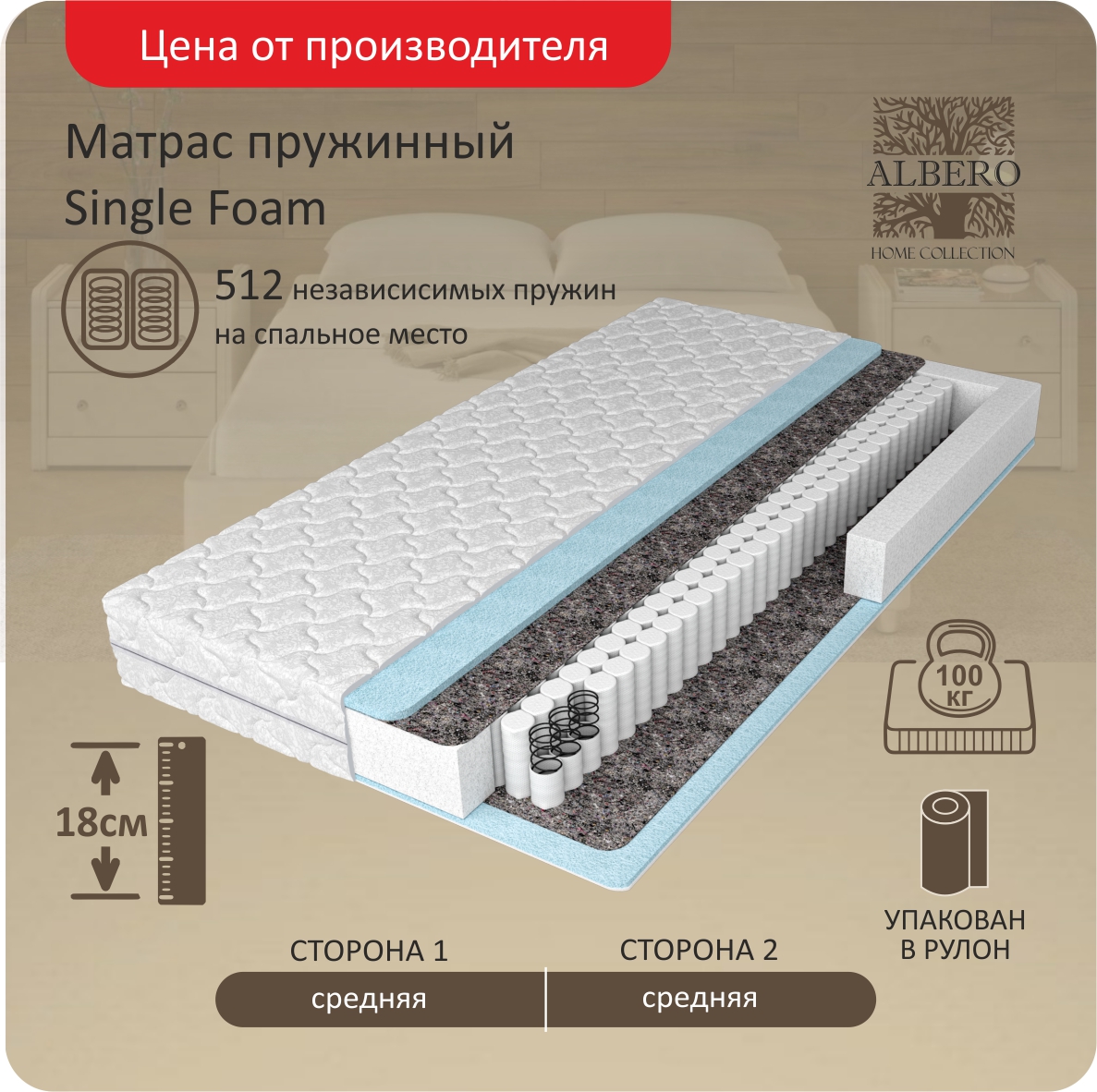 Анатомический матрас пружинный Albero Single Foam 90-190