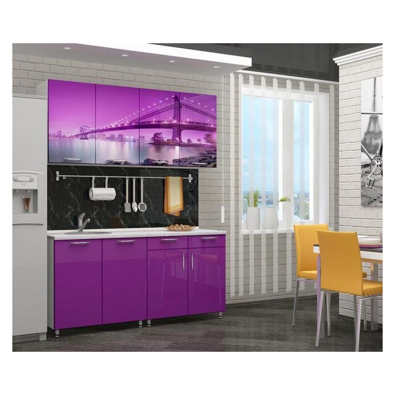 Кухонный гарнитур Бридж 1.6 с двумя ящиками, белый/фиолетовый