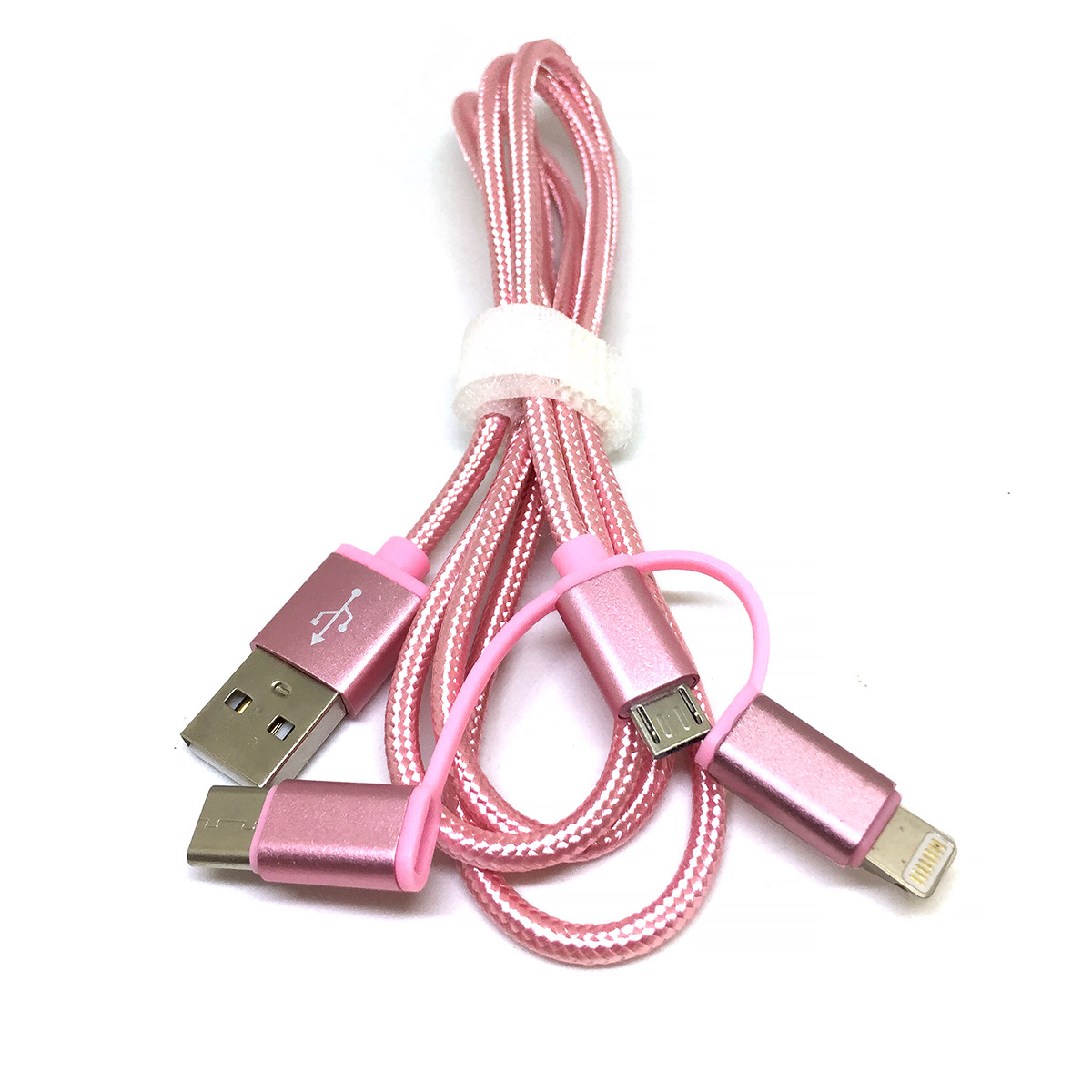 Кабель USB 2.0 Am на Lightning + microUSB + USB type-C 3.1, 1м розовый