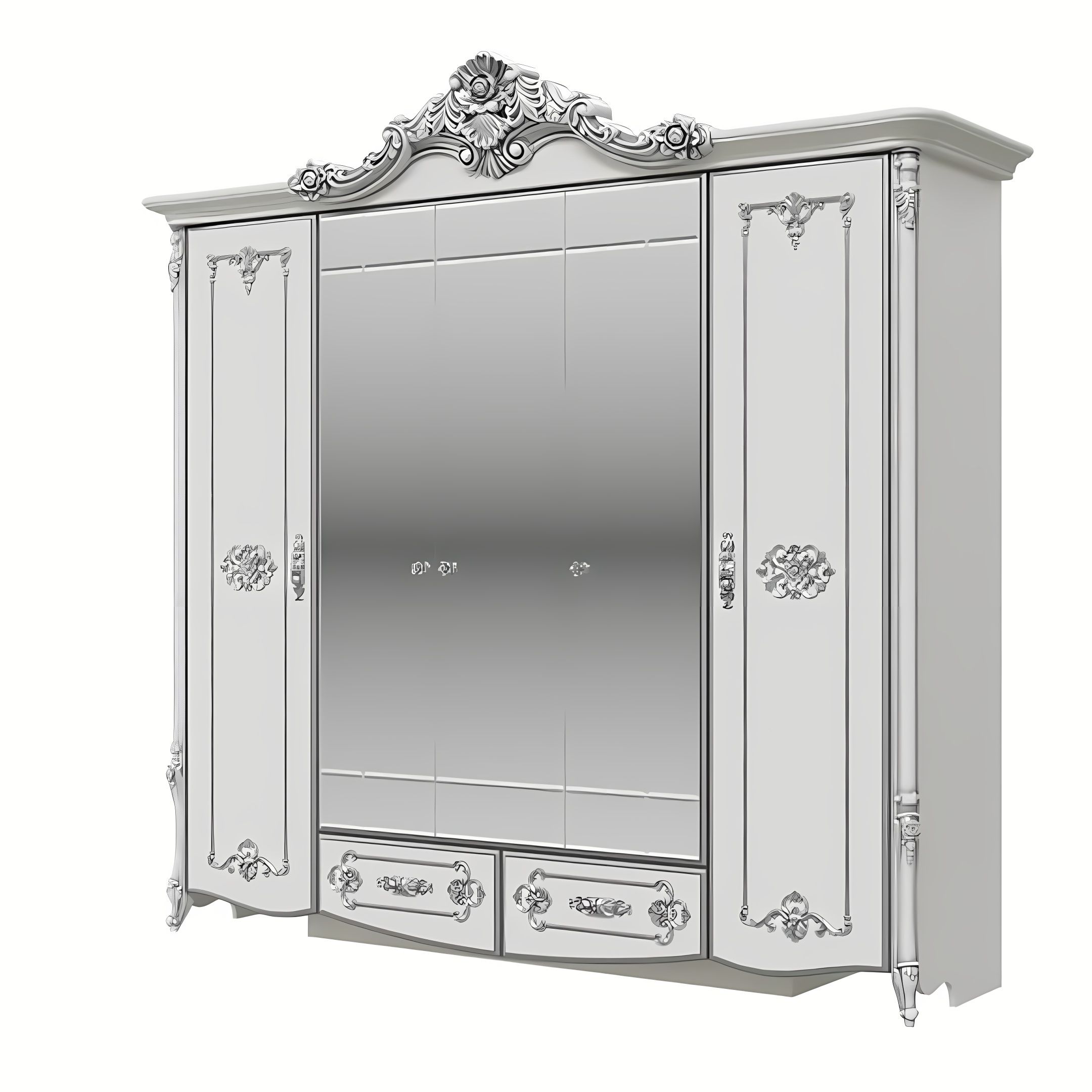 Шкаф 5-дверный 2470х640х2400 мм Белый глянец с золотом/серебром, МДФ, ручная роспись