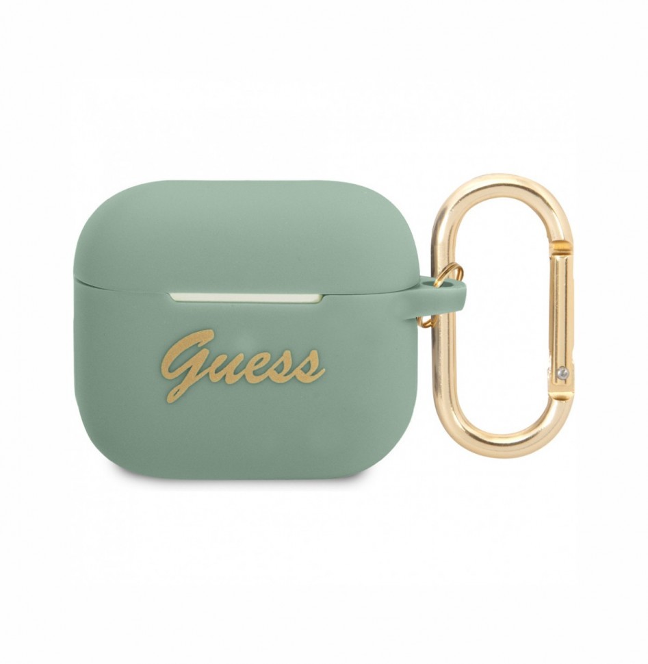 Чехол с карабином Guess Silicone with ring Script logo для AirPods 3, Зеленый