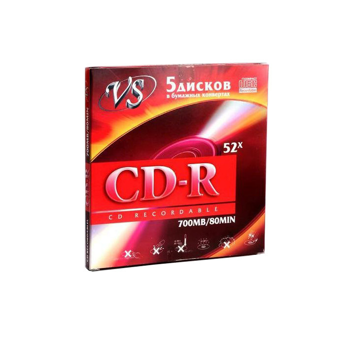Диски для записи CD-R VS, 700MB, 52x, бумажный конверт, 5 шт VSCDRK501