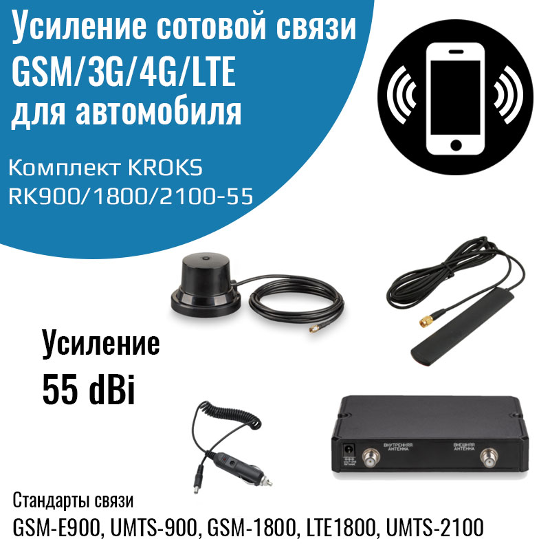 Усиление сигнала сотовой связи GSM/3G/4G - Комплект с репитером KROKS RK900/1800/2100-55 д