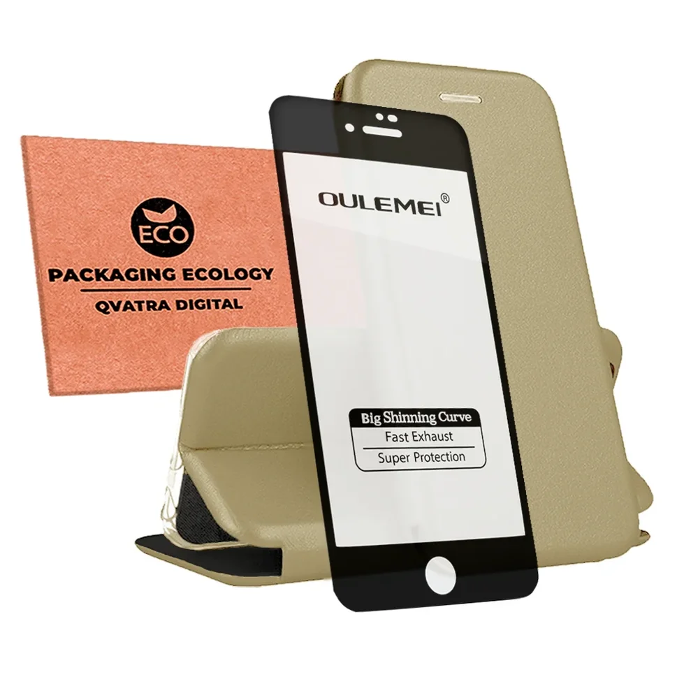 Чехол книжка для iPhone 8 / КОМПЛЕКТ со защитным стеклом 9D / для Айфон 8 / бежевый