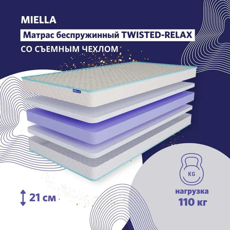 Матрас MIELLA Twisted-Relax для кровати, анатомический, съемный чехол 80х190 см