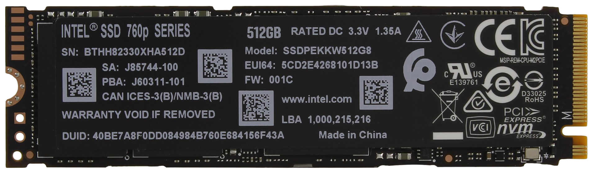 SSD накопитель Intel 760P M.2 2280 512 ГБ (SSDPEKKW512G8XT)
