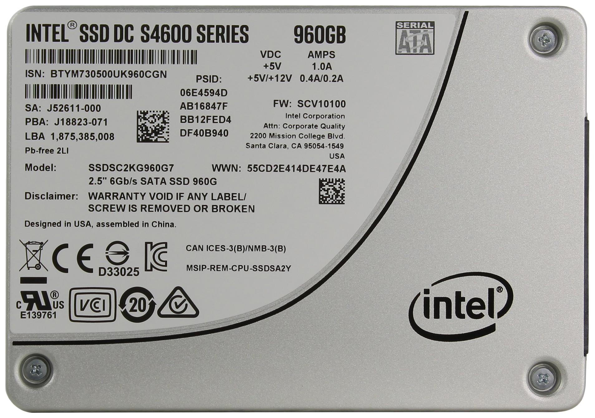 SSD накопитель Intel DC S4600 2.5" 960 ГБ (SSDSC2KG960G701)
