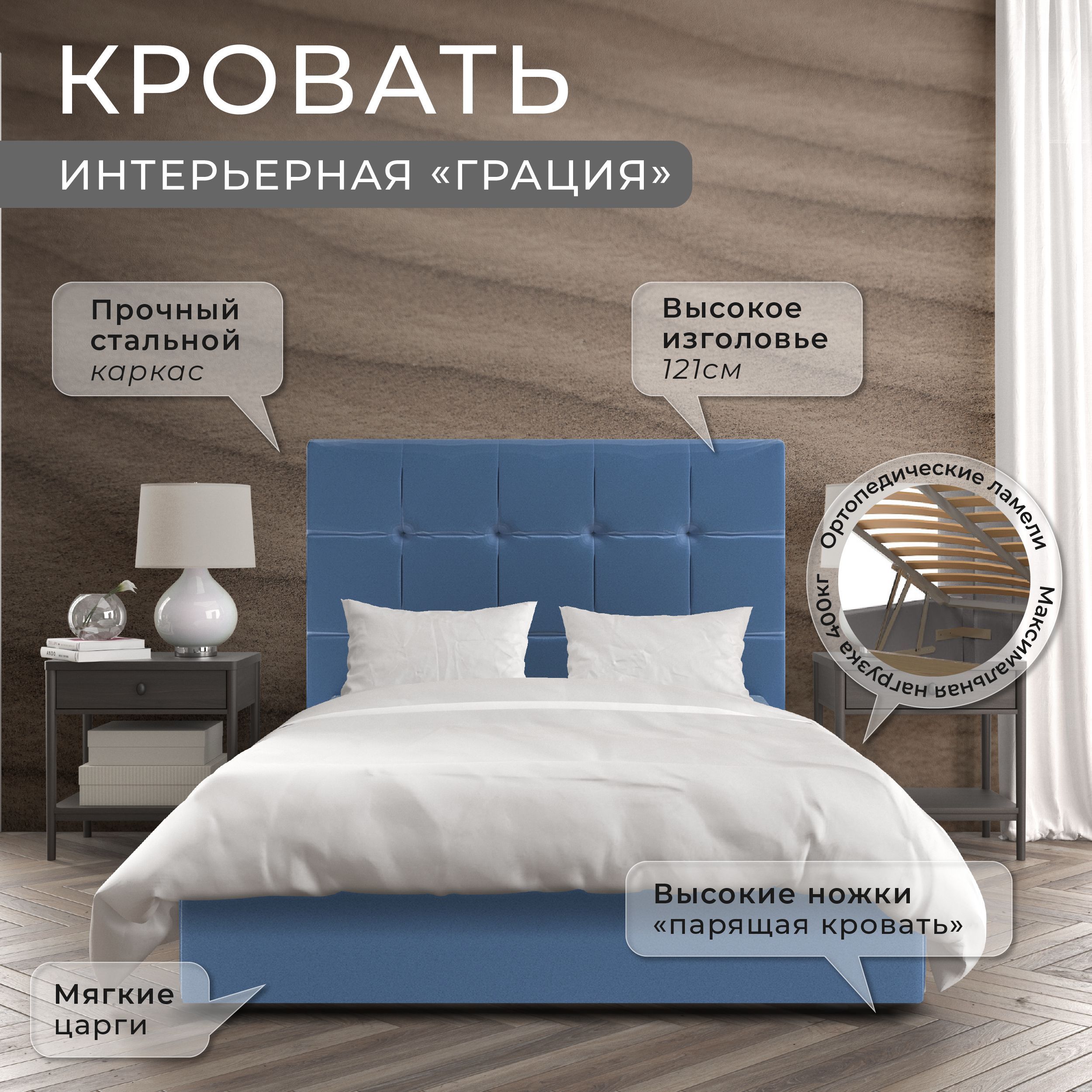 Двуспальная кровать ФОКУС Грация 193х214х121 см светло-синий текстурный велюр/32108