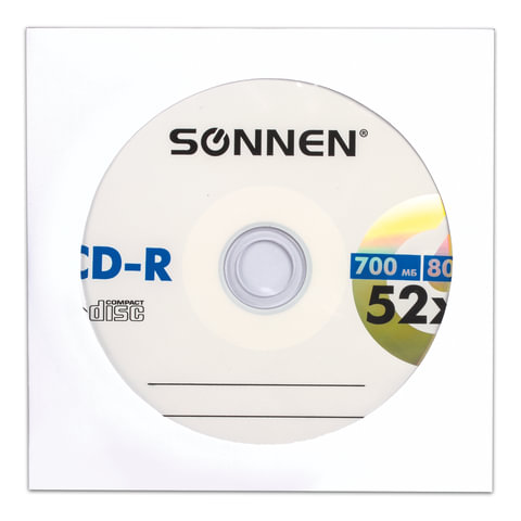 Диск CD-R SONNEN, 700 Mb, 52x, бумажный конверт, 512573 арт. 512573