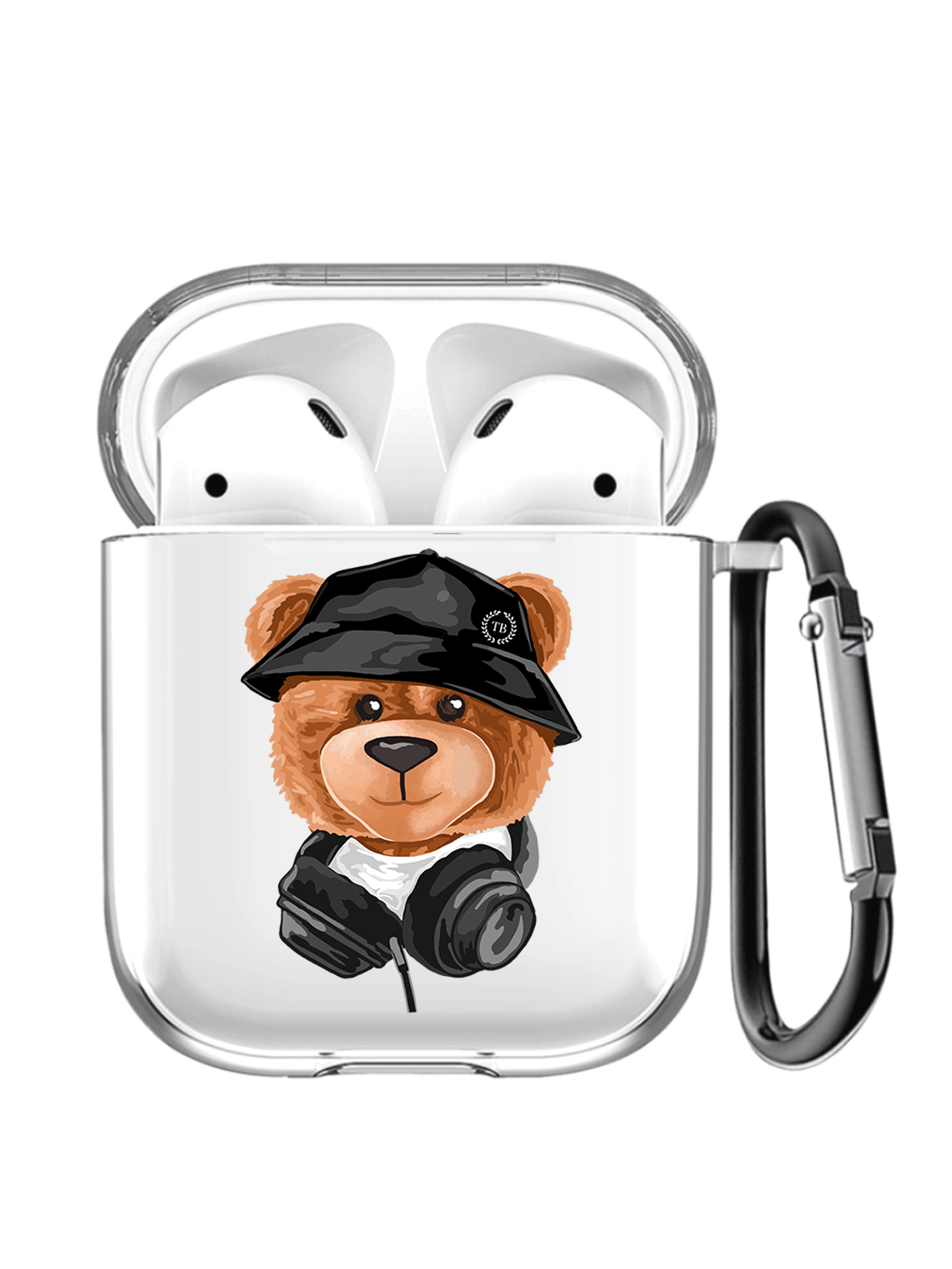 Чехол с карабином MustHaveCase для Apple AirPods 2 Мишка Тони в панамке прозрачный