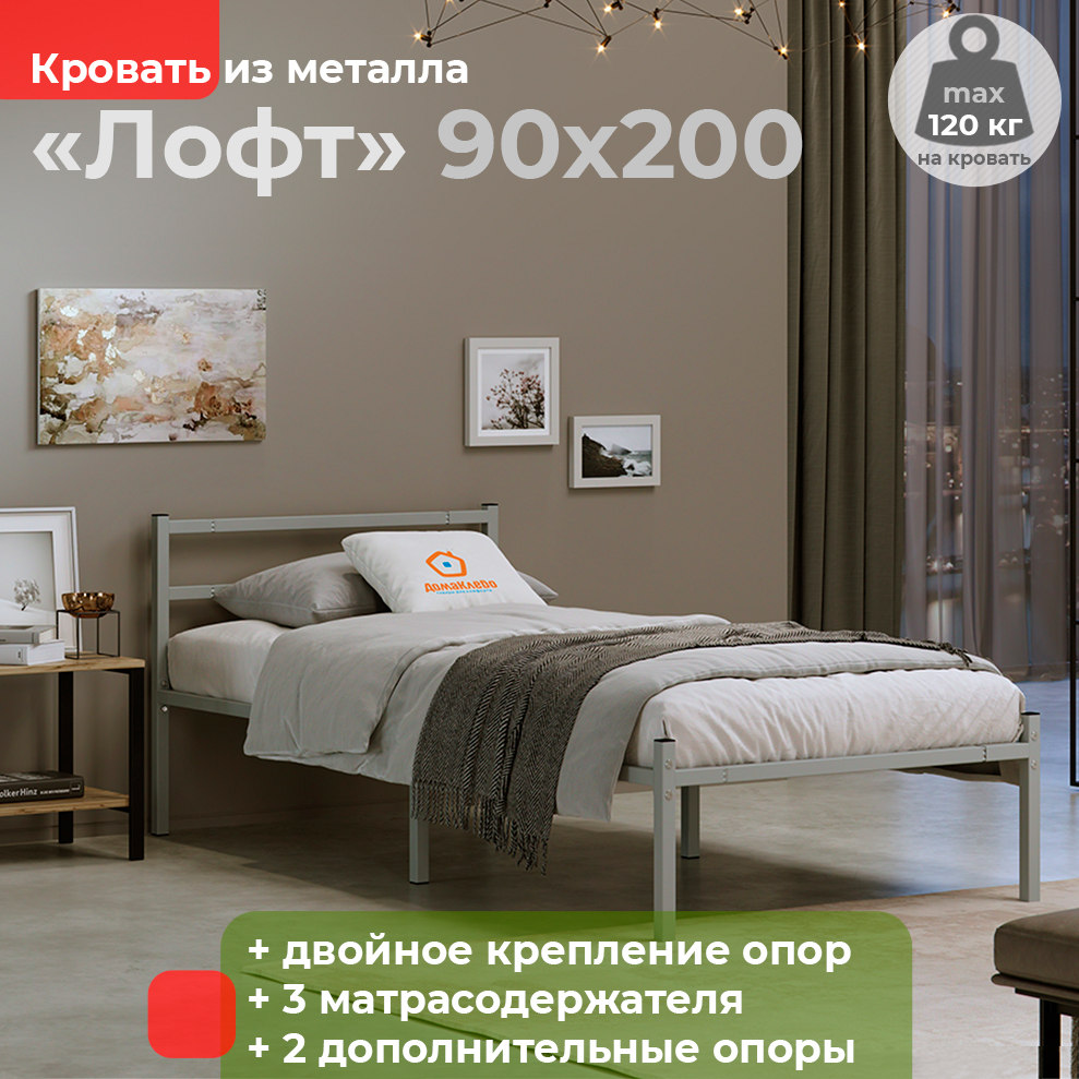 Кровать металлическая ДомаКлёво Лофт 90х200 серая