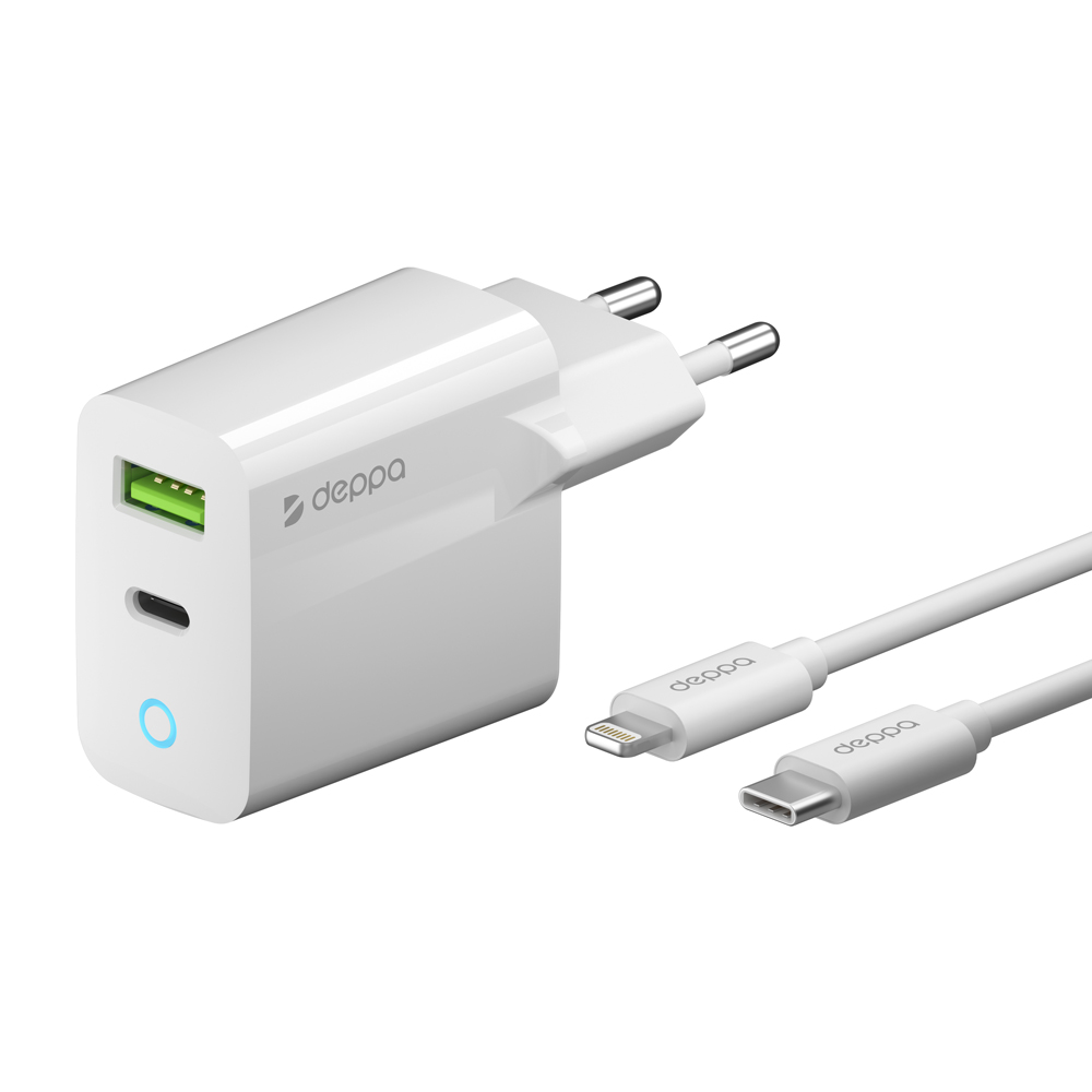 Сетевое зарядное устройство Deppa DEP-1396, 1xUSB; 1xUSB Type-C, 3 A, white