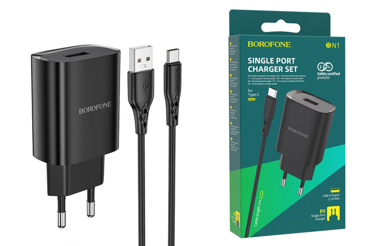 Сетевое зарядное устройство BN1 Innovative single charger set USB + кабель Type-C черный