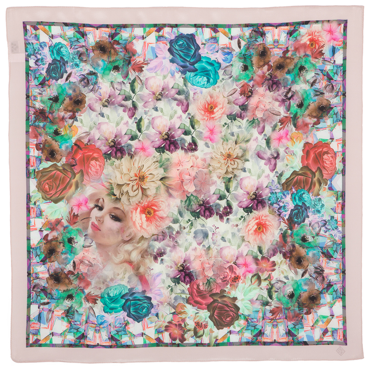 Платок женский Павловопосадский платок 10102 розовый/бирюзовый/бежевый, 65х65 см