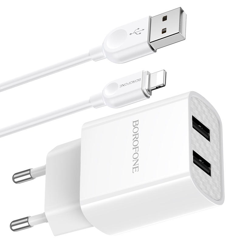 СЗУ BOROFONE BA53A Powerway 2xUSB, 2.1А + кабель Lightning 8-pin, 1м (белый)