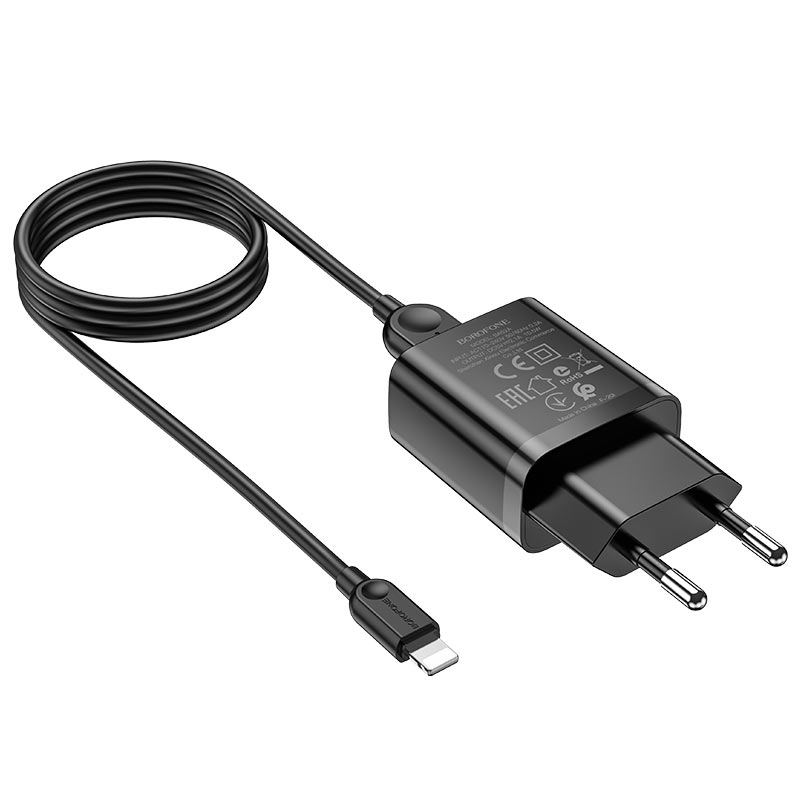 Сетевое зарядное устройство c USB Borofone BA52A, USB To Lightning, 2.1A, черное