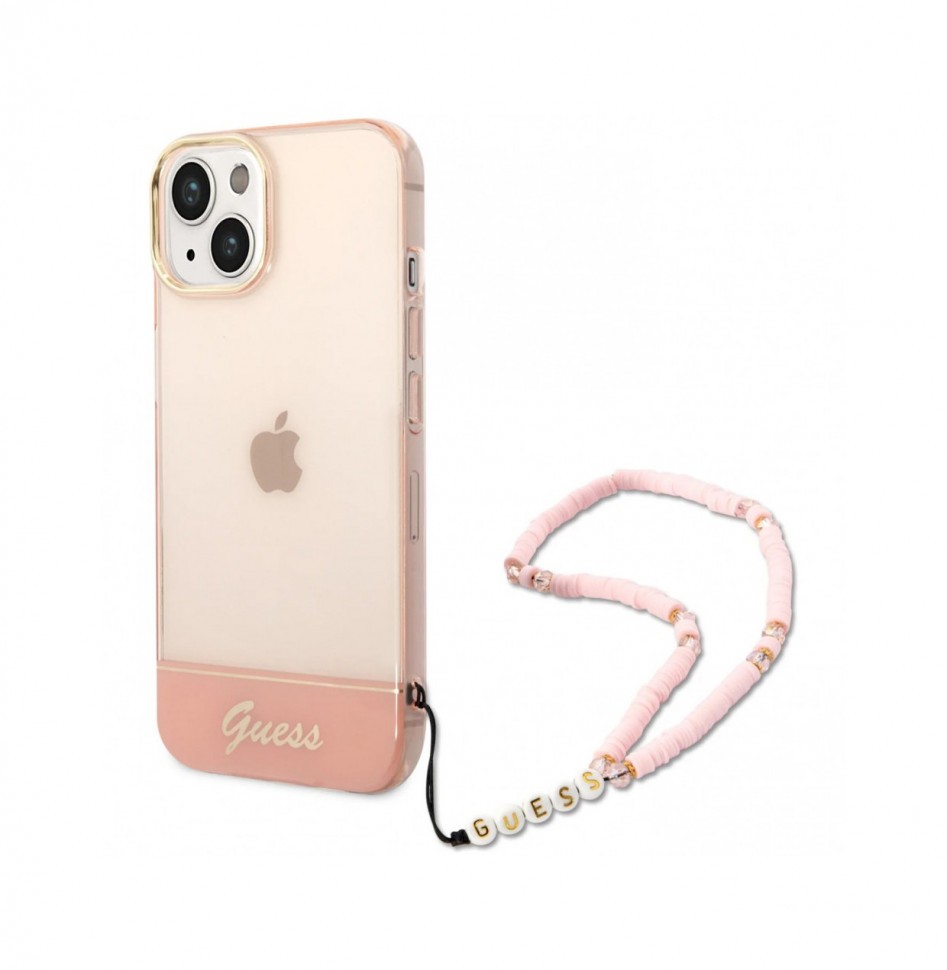 Чехол Guess PC/TPU Translucent Electoplated camera + Hand Strap iPhone 14, Розовый