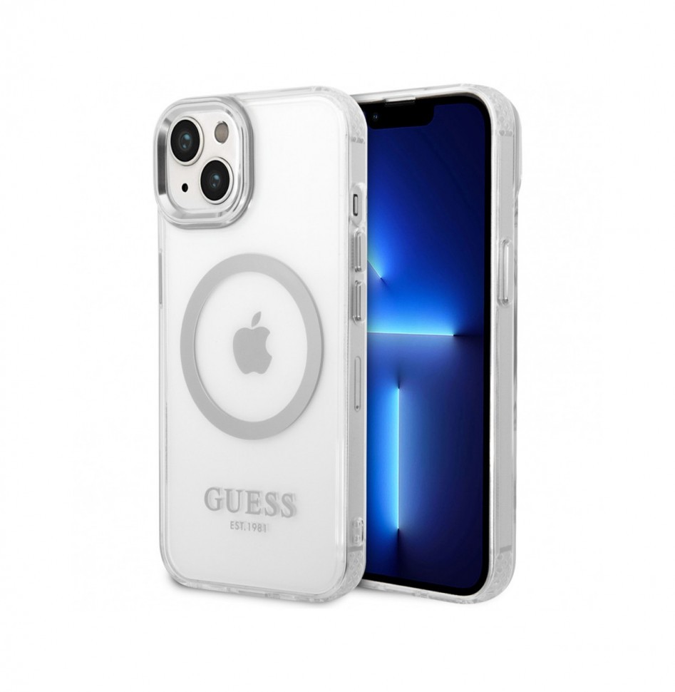 Чехол Guess PC/TPU Metal outline Hard (MagSafe) для iPhone 14, Прозрачный/Серебристый