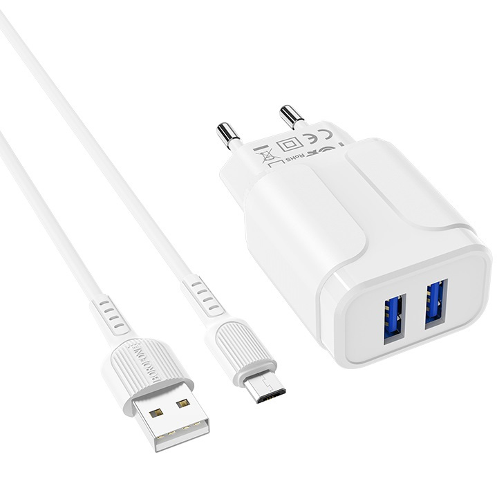 Сетевое зарядное устройство 2xUSB с кабелем micro USB Borofone BA37A Speedy - Белое