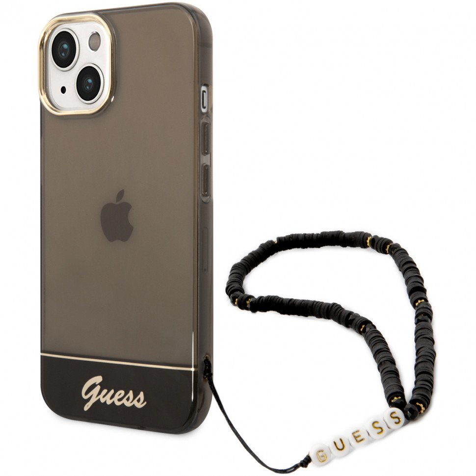 Чехол guess pc/tpu translucent w electoplated camera + hand strap iphone 14, черный