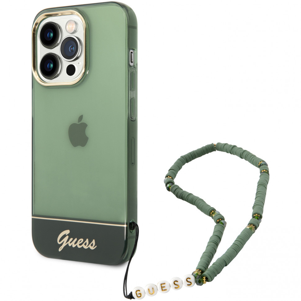 Чехол Guess pc/tpu translucent w electoplated camera + hand strap iphone 14 pro, зеленый
