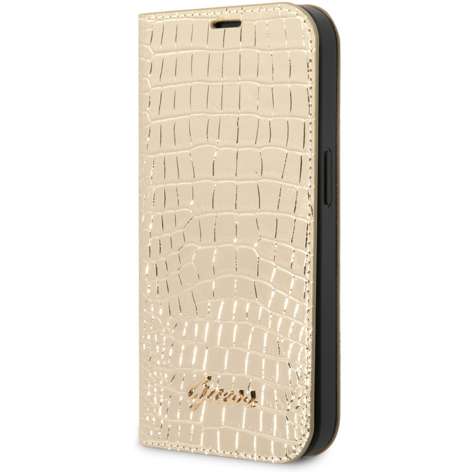 Чехол Guess pu croco with metal logo booktype для iphone 14 pro max, золотой