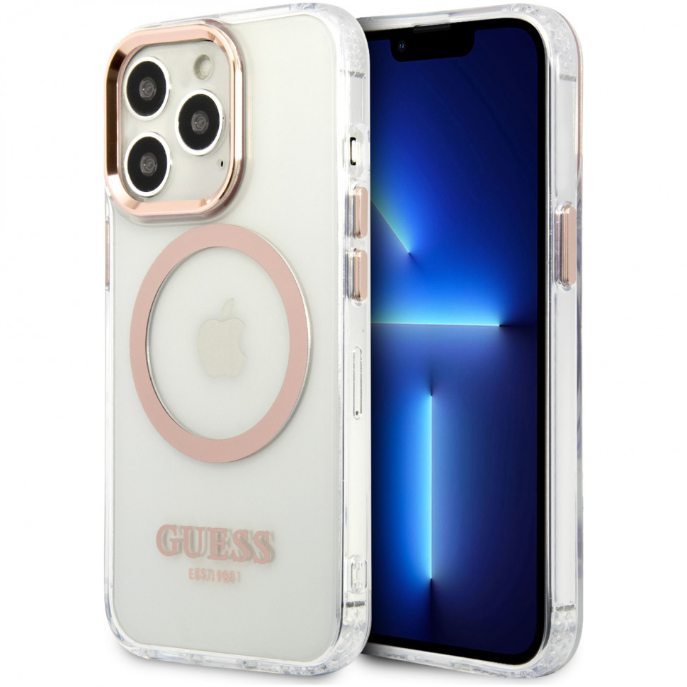 Чехол guess pc/tpu metal outline hard (magsafe) для iphone 13 pro, прозрачный/золотой