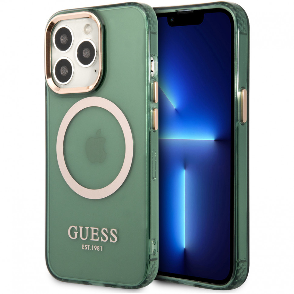 Чехол guess pc/tpu metal outline hard (magsafe) для iphone 13 pro max, зеленый/золотой