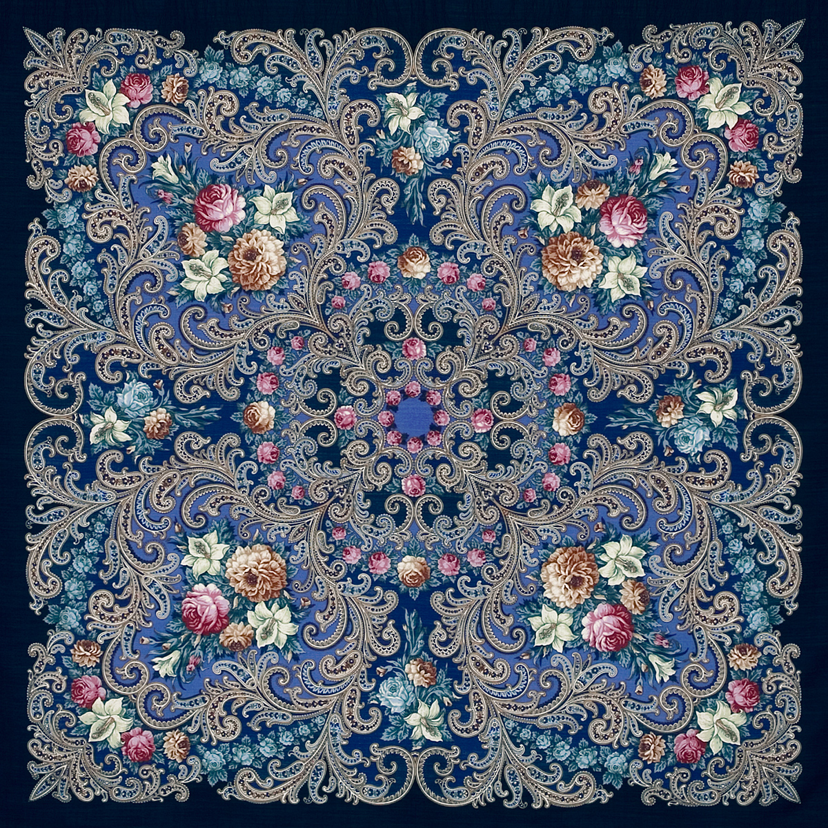 Платок женский Павловопосадский платок 1437 синий/розовый, 125х125 см