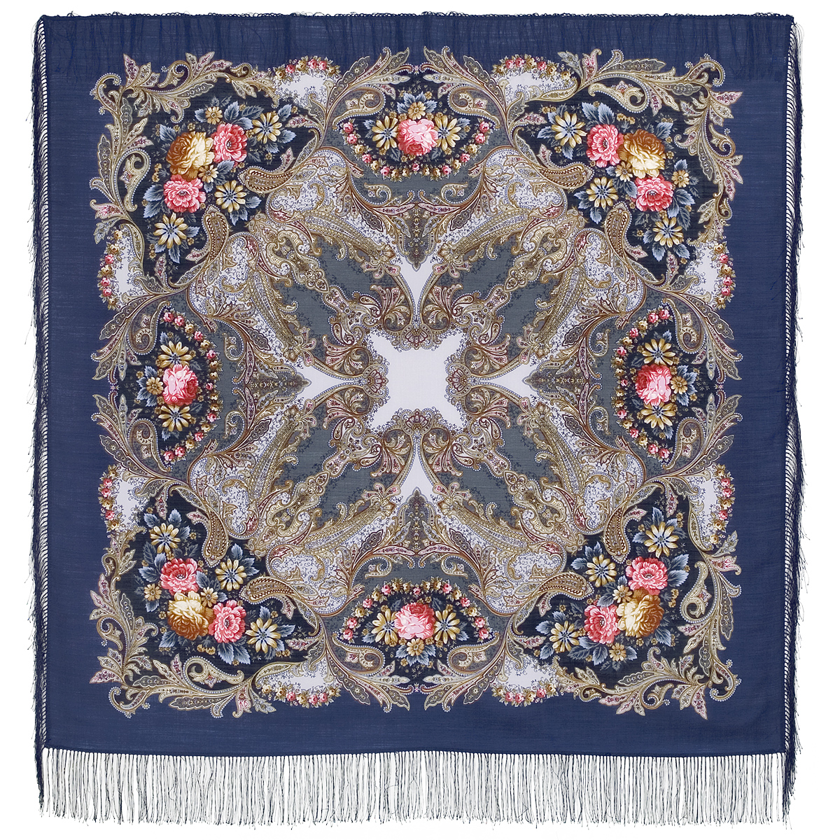 Платок женский Павловопосадский платок 1463 синий/розовый, 125х125 см