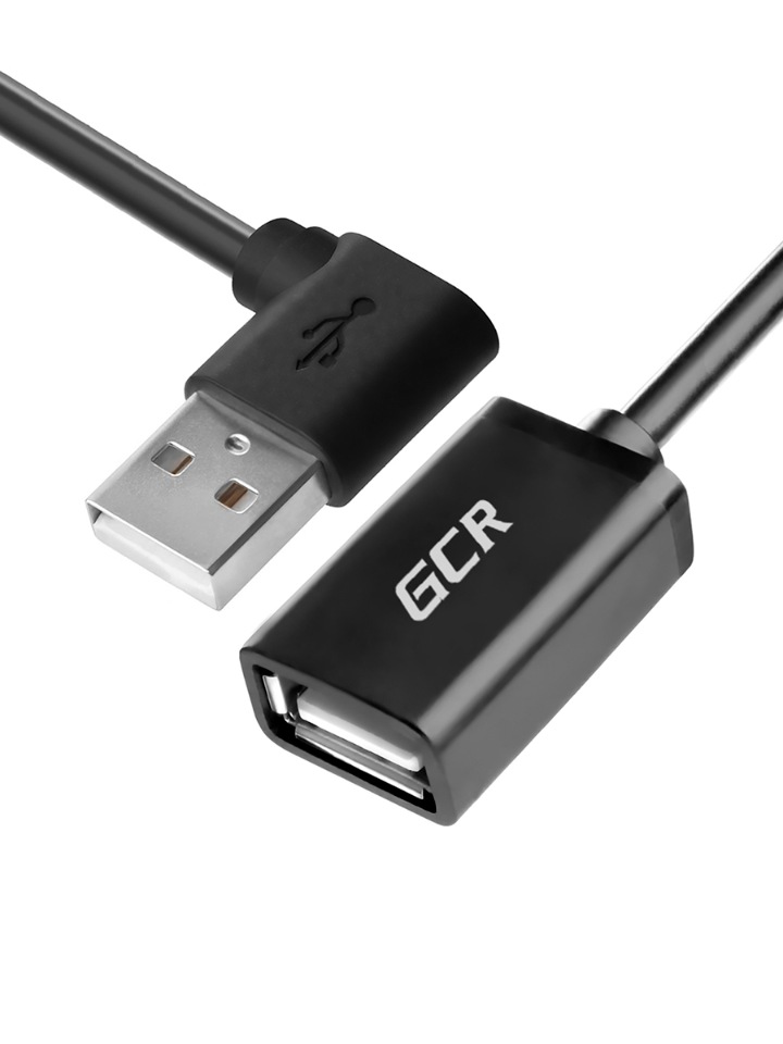 GCR Удлинитель 0.5м USB 2.0, AM угловой левый/AF, черный, 28/28 AWG, морозостойкий