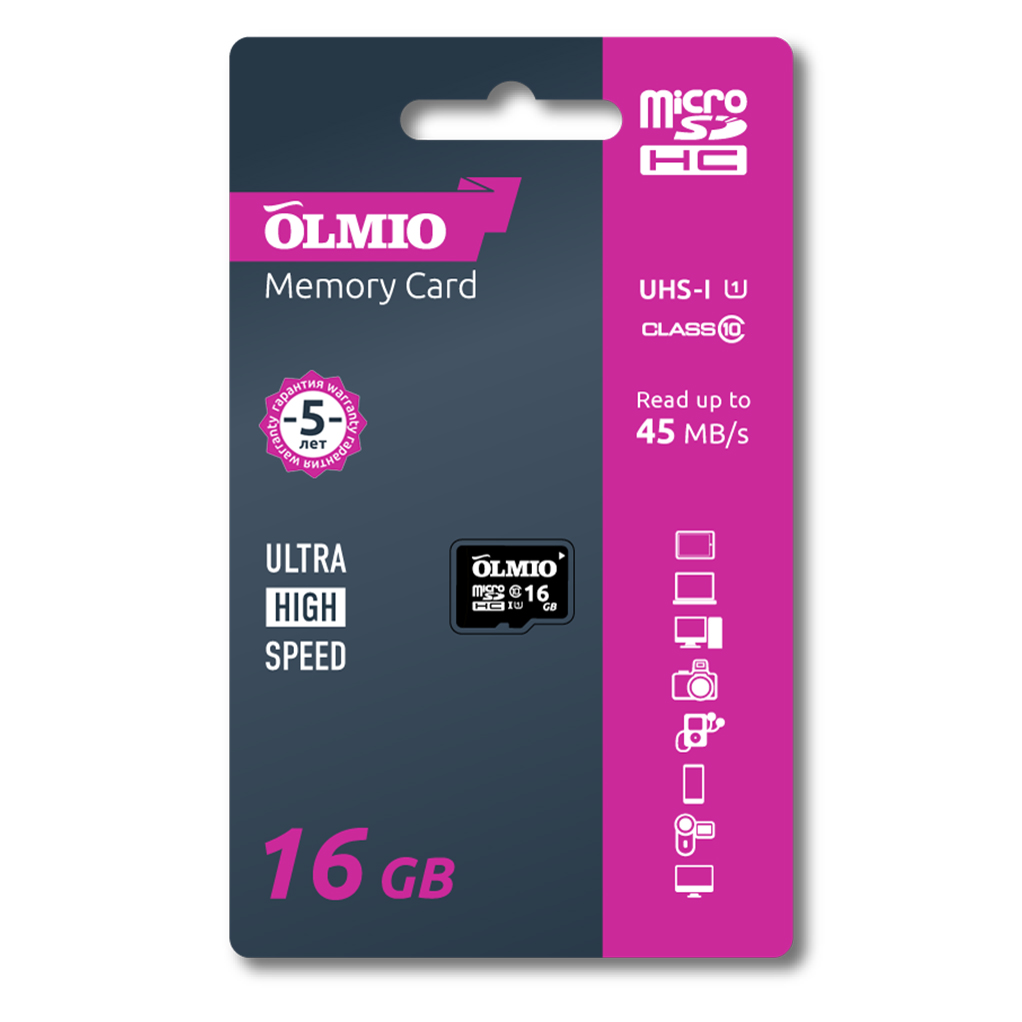 Карта памяти Olmio microSDHC 16GB Class 10 UHS-I, без адаптера
