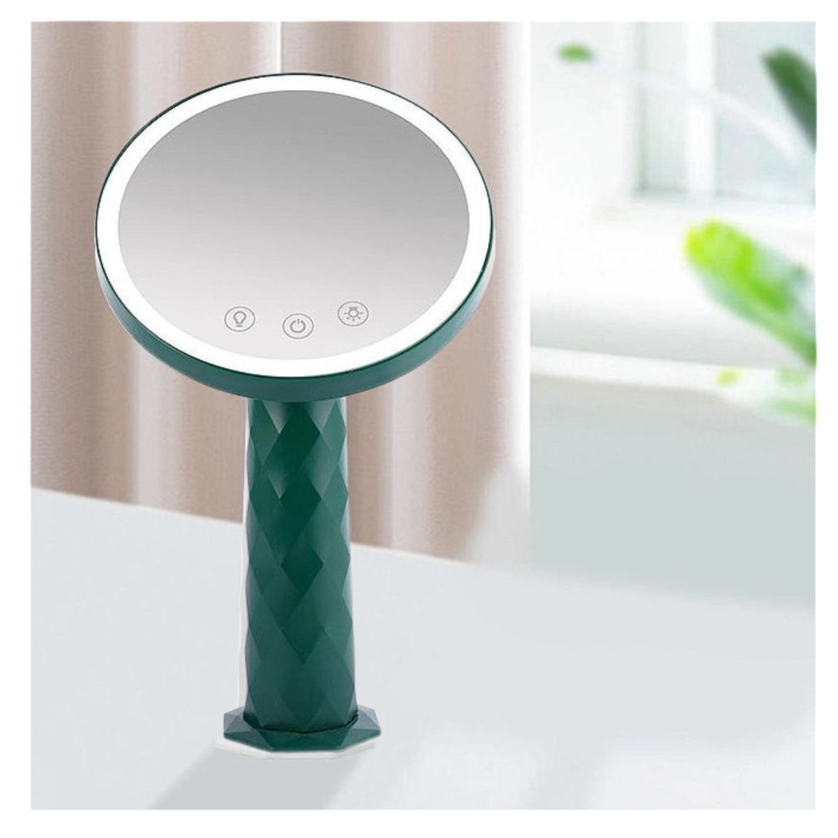 Круглое сенсорное косметическое зеркало со светодиодной подсветкой зеленое