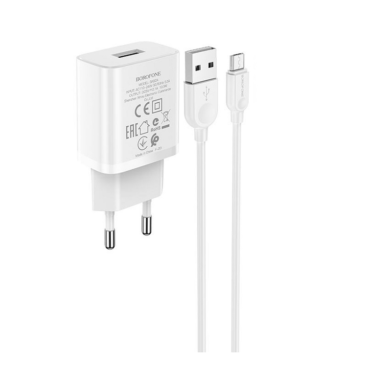 Сетевое зарядное устройство USB Borofone BA52A (2A/кабель MicroUSB) <белый>