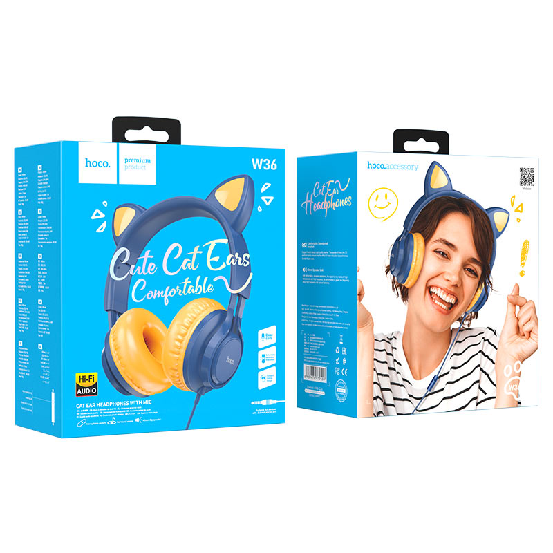 Наушники с микрофоном HOCO W36, детский дизайн, разъём 3.5mm, 1.2m, синие