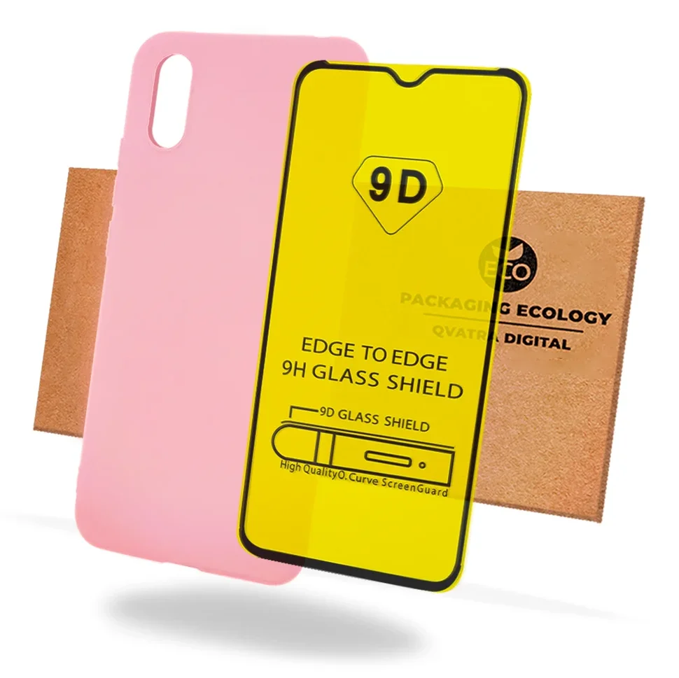 Чехол накладка для Xiaomi Redmi 9a комплект с защитным стеклом 9D розовый