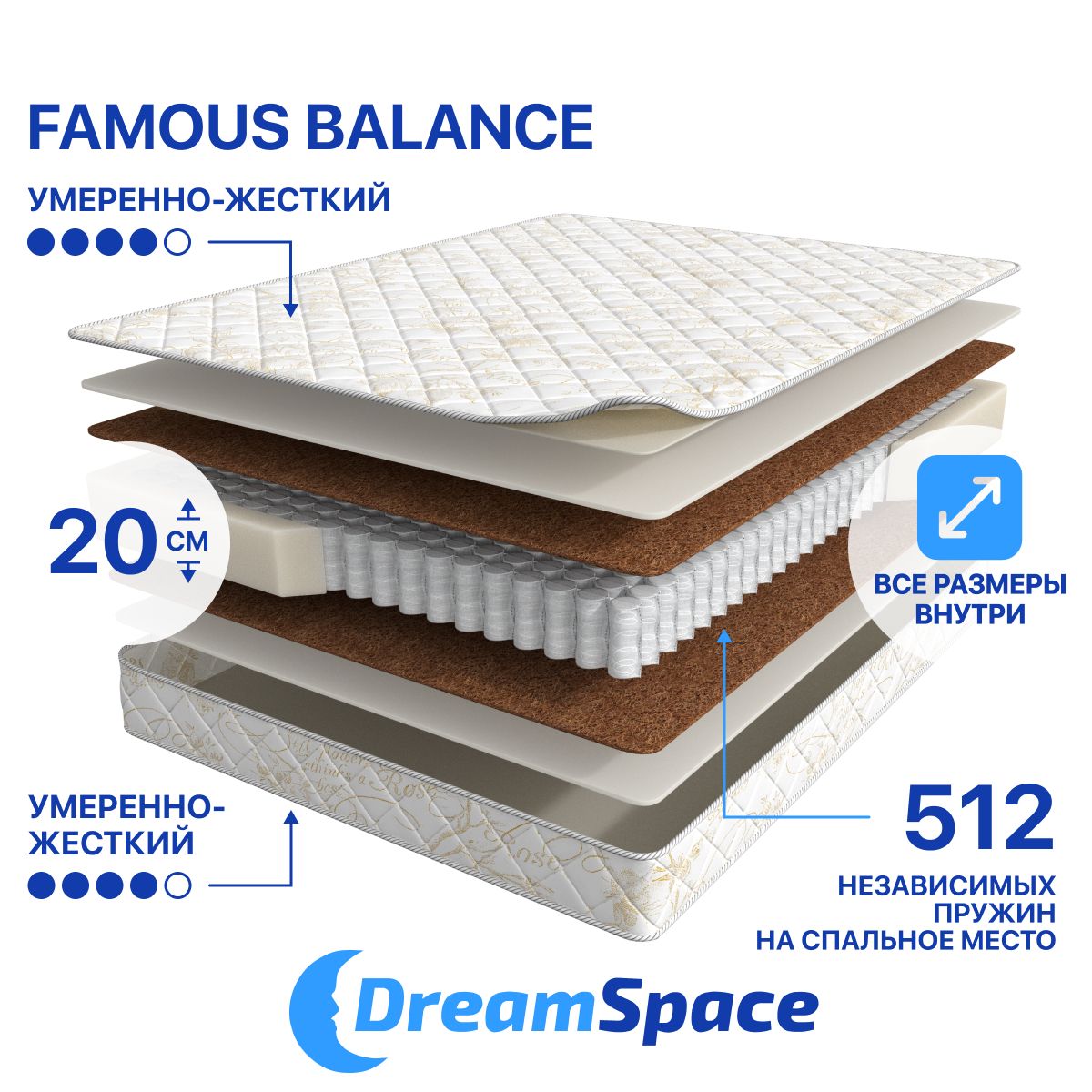 Матрас DreamSpace Famous Cloud, Независимые пружины, 70х186 см