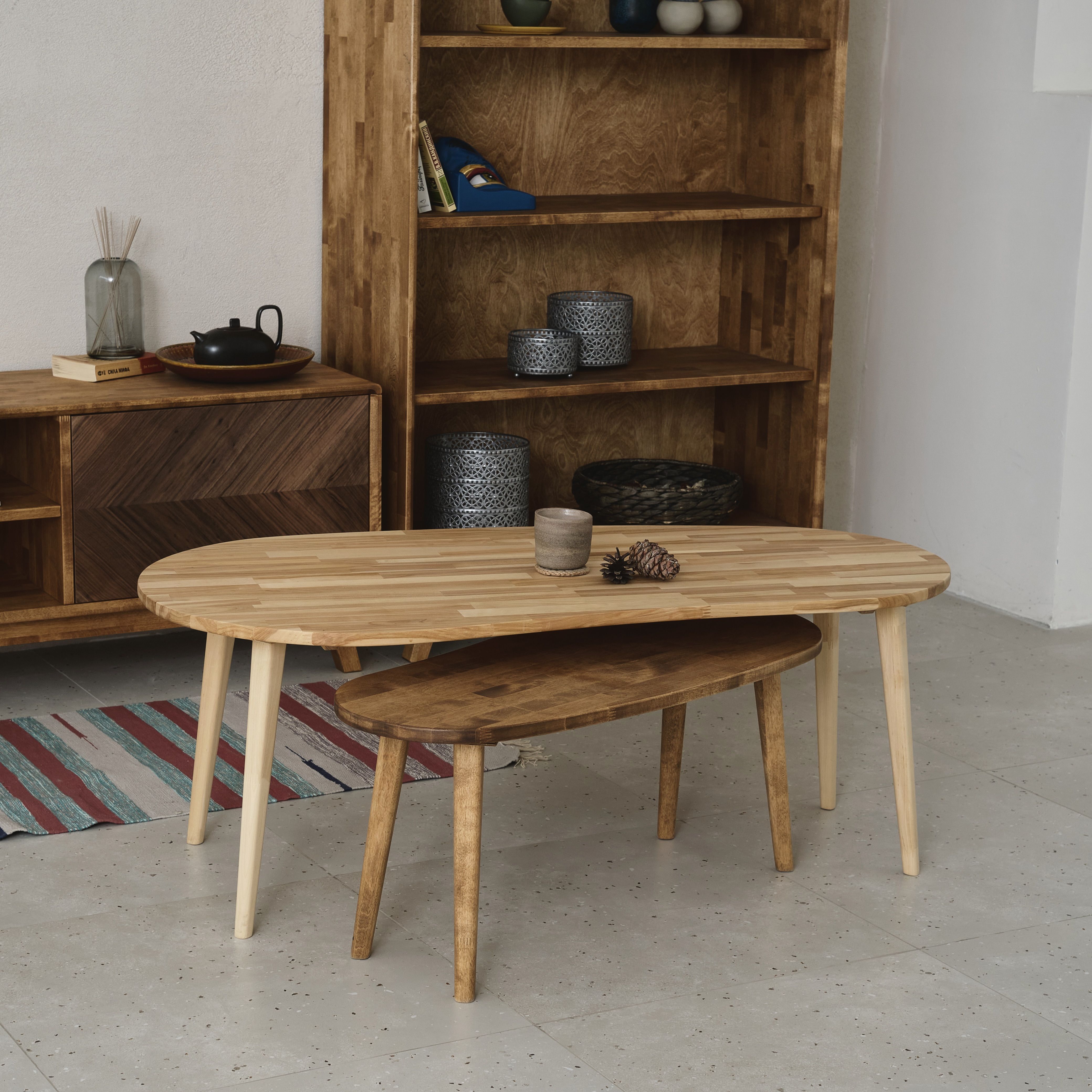 Фигурный журнальный деревянный столик Равновесие Fusion, Датское масло