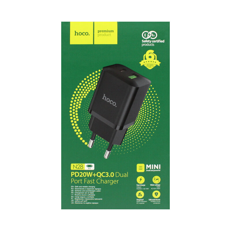 Сетевое зарядное устройство Hoco N28 1x USB Type A, 1xUSB Type-C 3 А черный