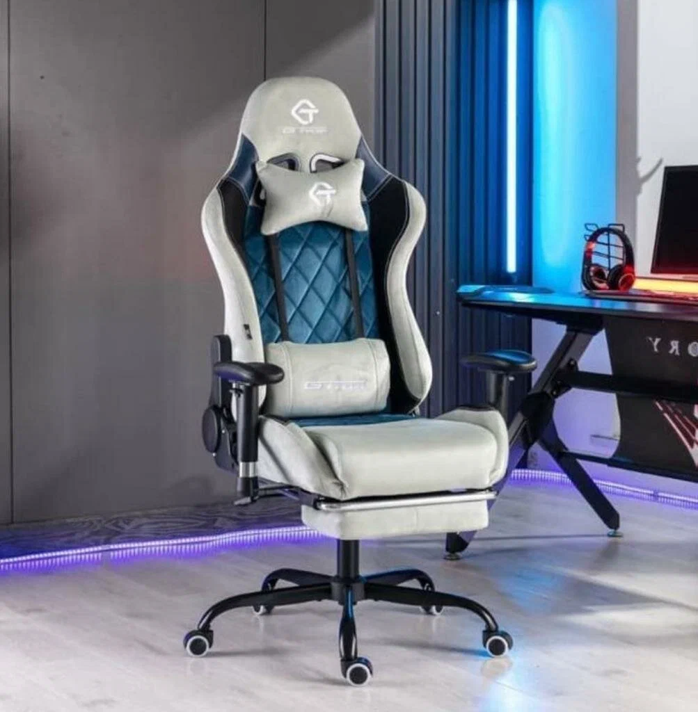 Компьютерное игровое геймерское кресло Braunsport GT-15, с подножкой, серый/синий