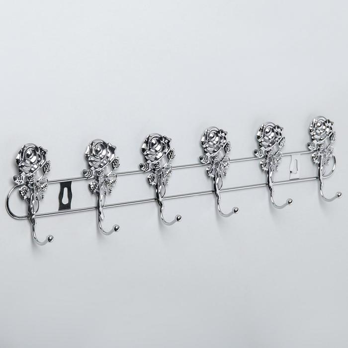 Доляна на 6 крючков, "Розы", 34х3х9 см, цвет серебро