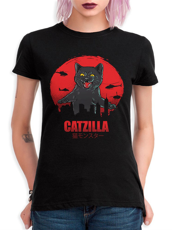 Футболка женская DreamShirts Studio Котик Годзилла / Котзилла / Godzilla черная 3XL