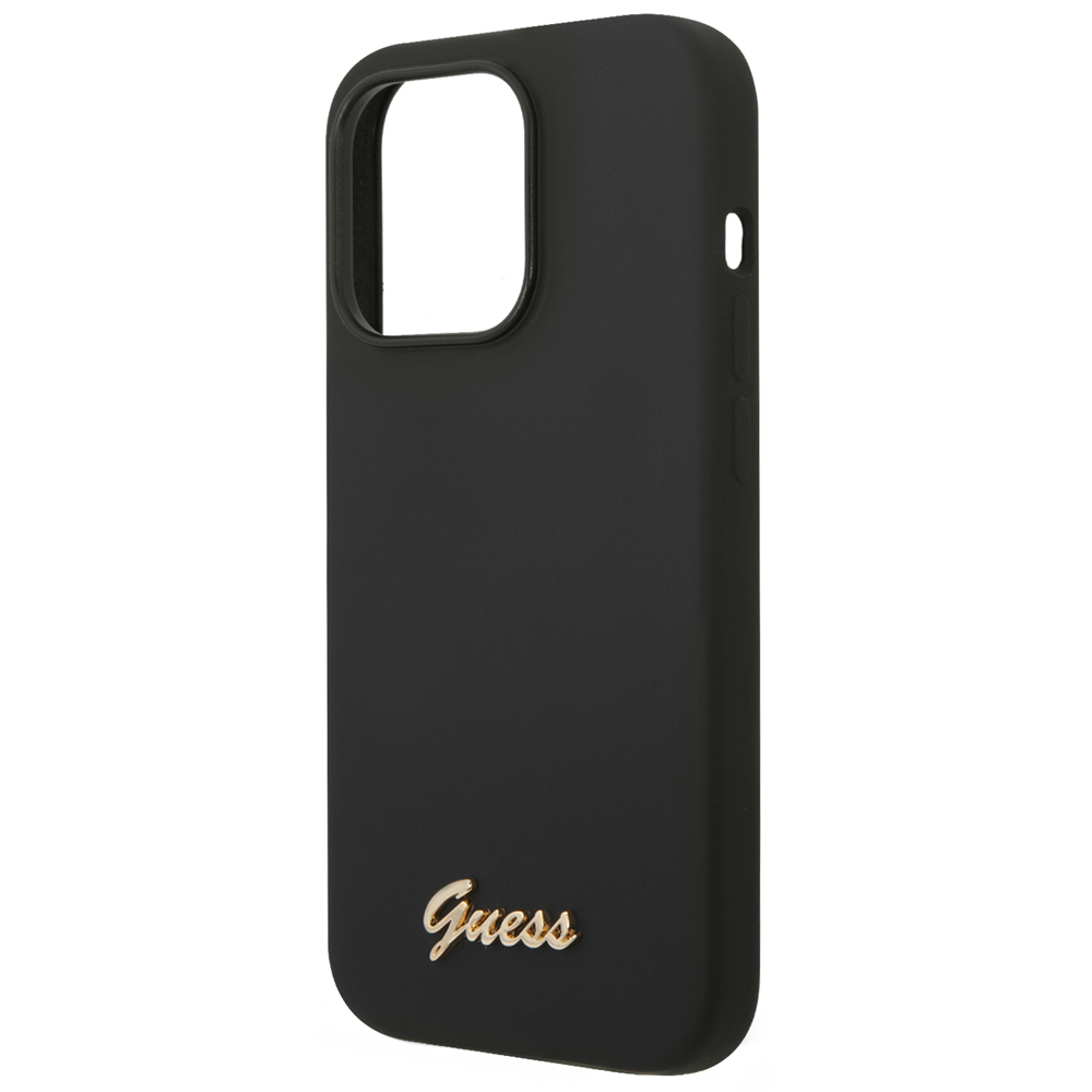 Панель-накладка Guess Liquid Silicone Gold Metal Logo Hard Black для iPhone 14 Pro